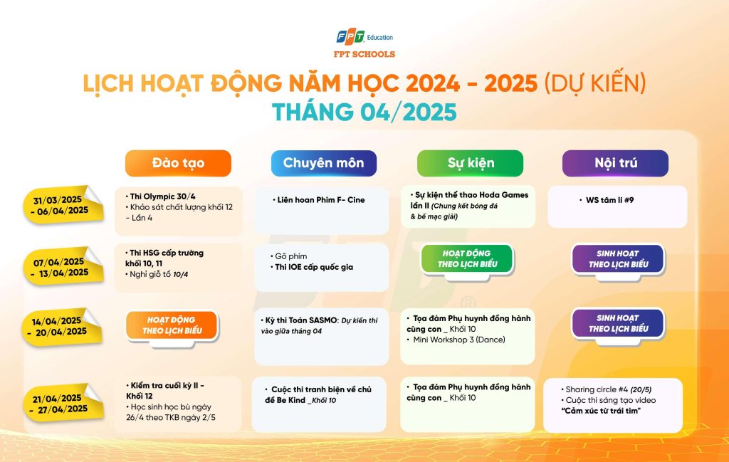 Lịch hoạt động năm học – Trường Trung Học Phổ Thông FPT